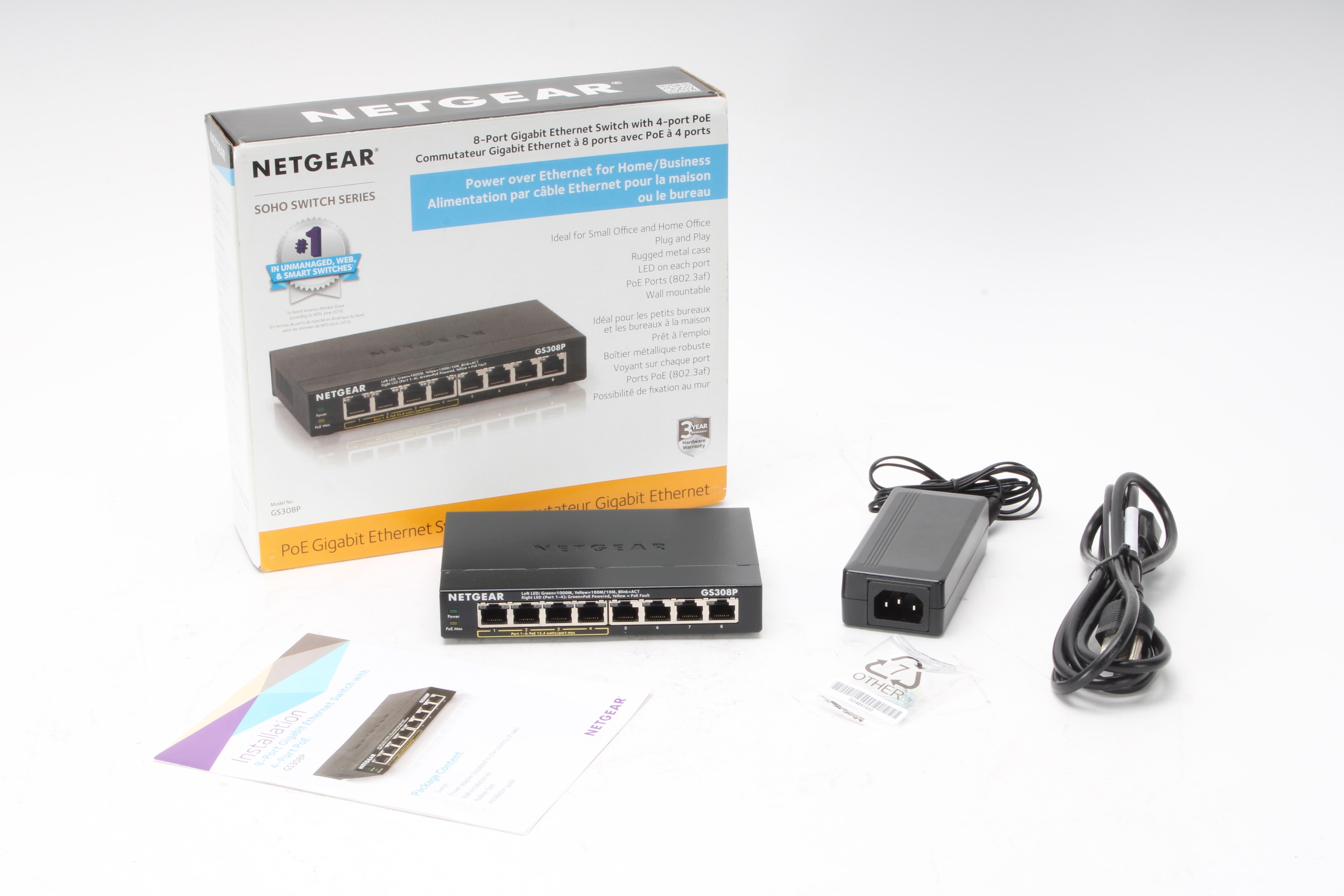Netgear GS308P 8-Port Gigabit Ethernet Switch With Power Supply and Ac ...
