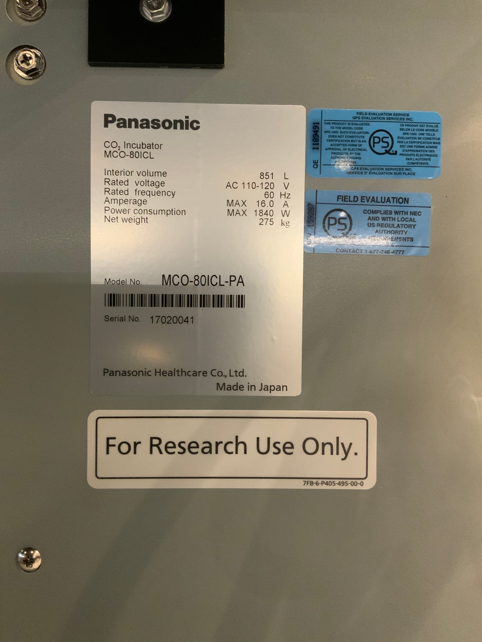 Panasonic MCO-80ICL-PA Large Capacity 851L Reach In CO2 Incubator w/ 3 ...