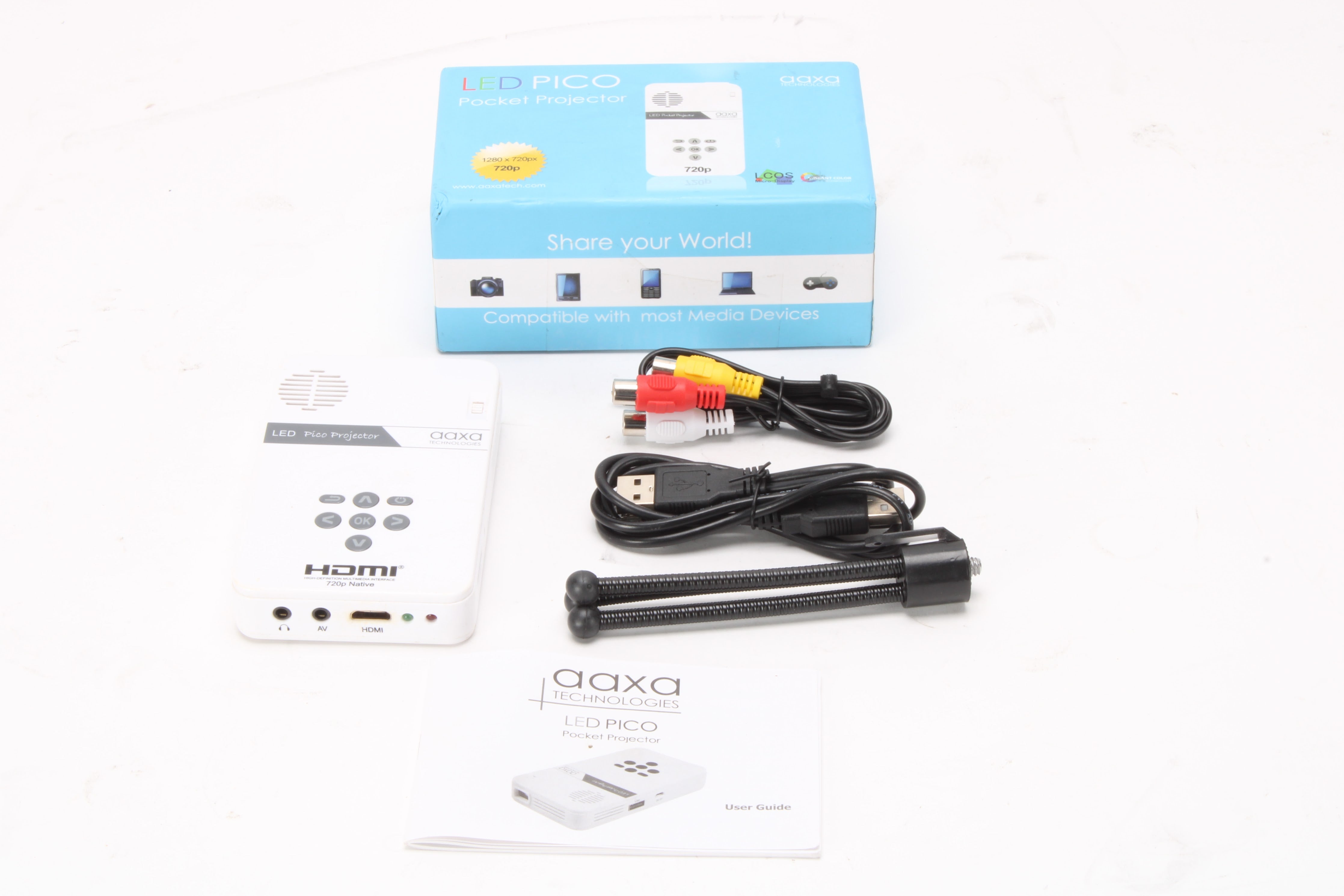 Aaxa LED Pico Pocket Projector With User Guide, AV Cable, Tripod, and ...
