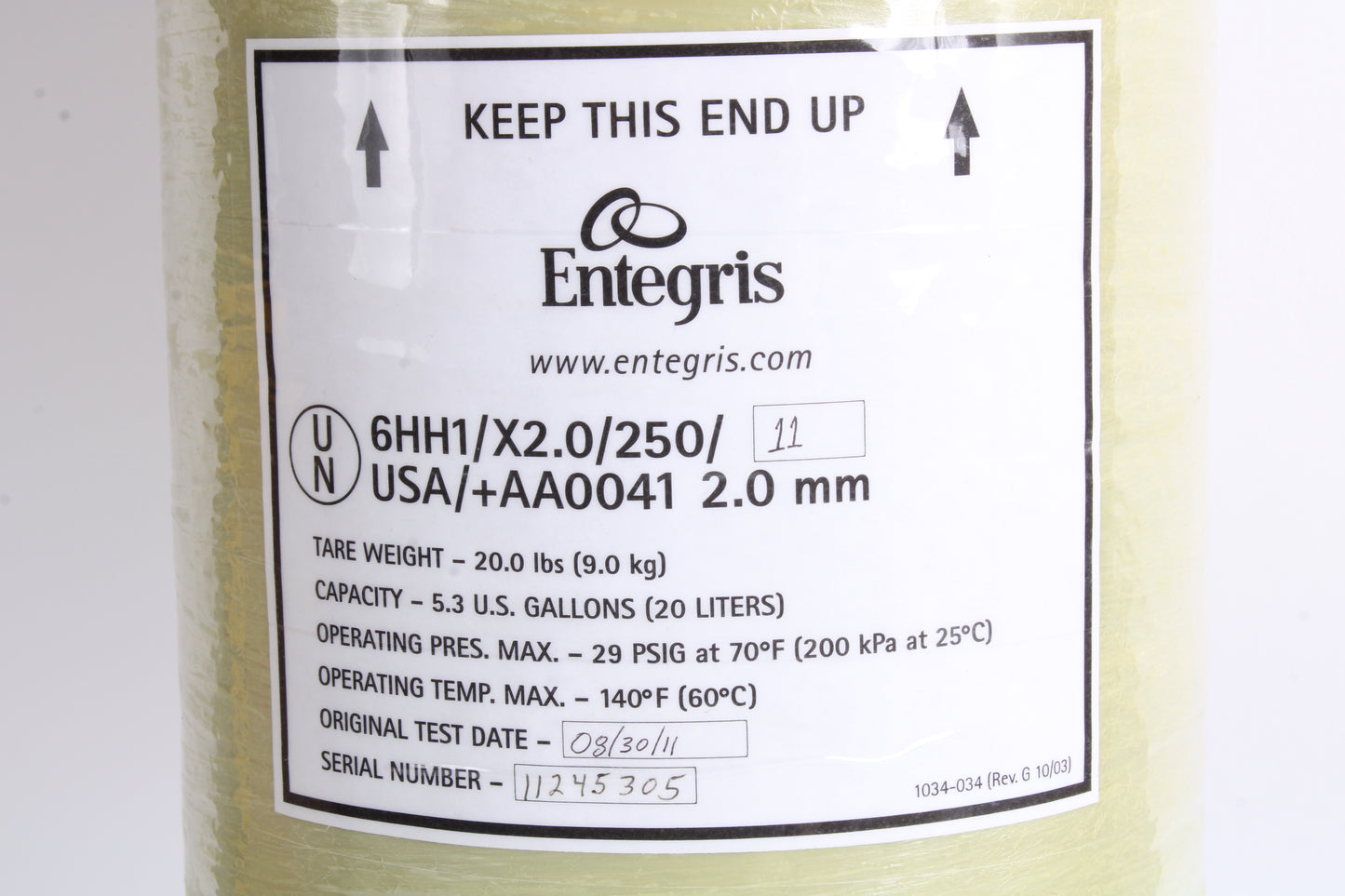 Entegris 6HH1/X2.0/250/11 USA/+AA0041 2.0mm 5.3 US Gallons Pressure Ve ...