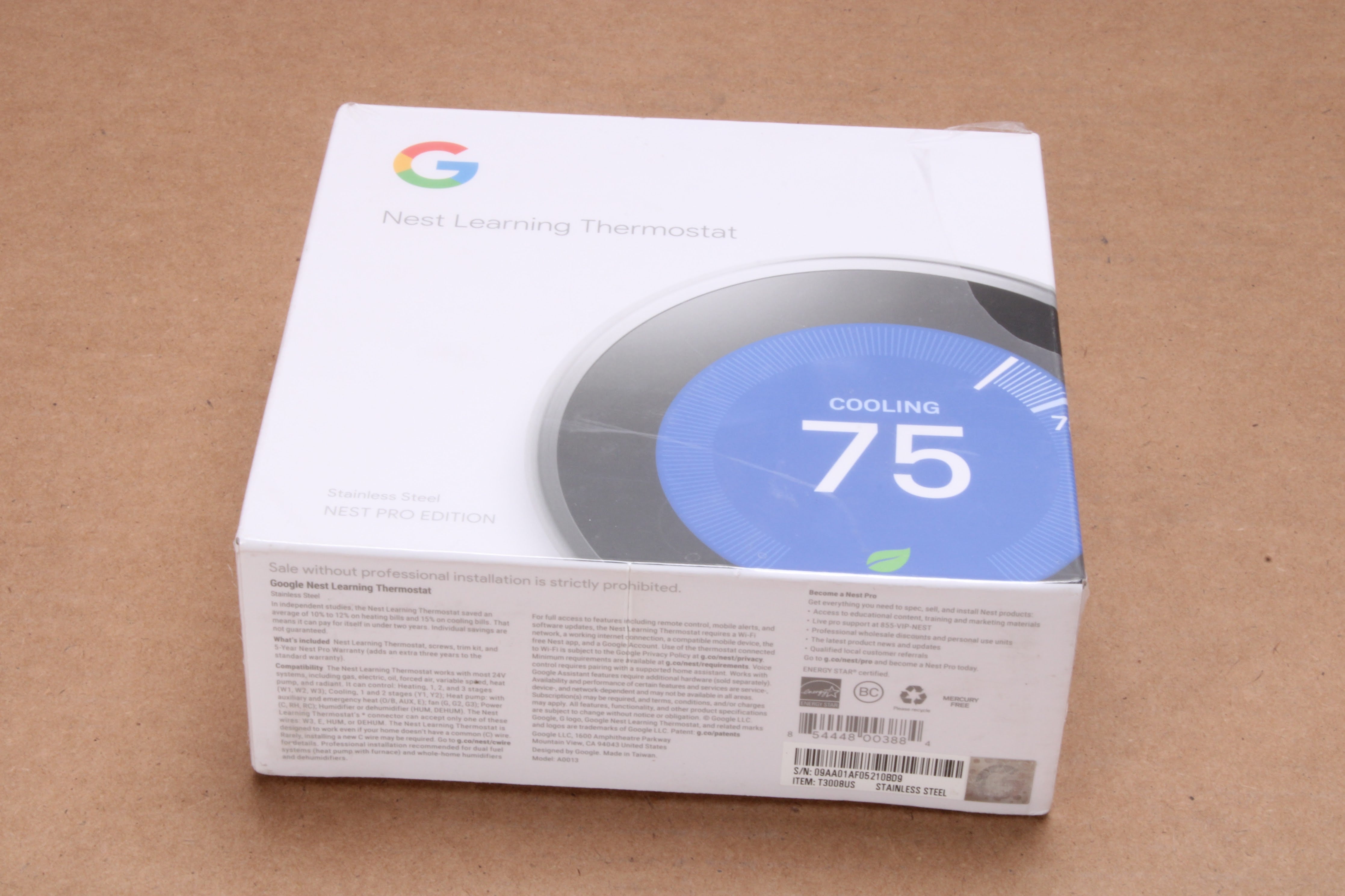 Google Nest A0013 3rd Gen Learning Thermostat Nest Pro Edition T3008US ...