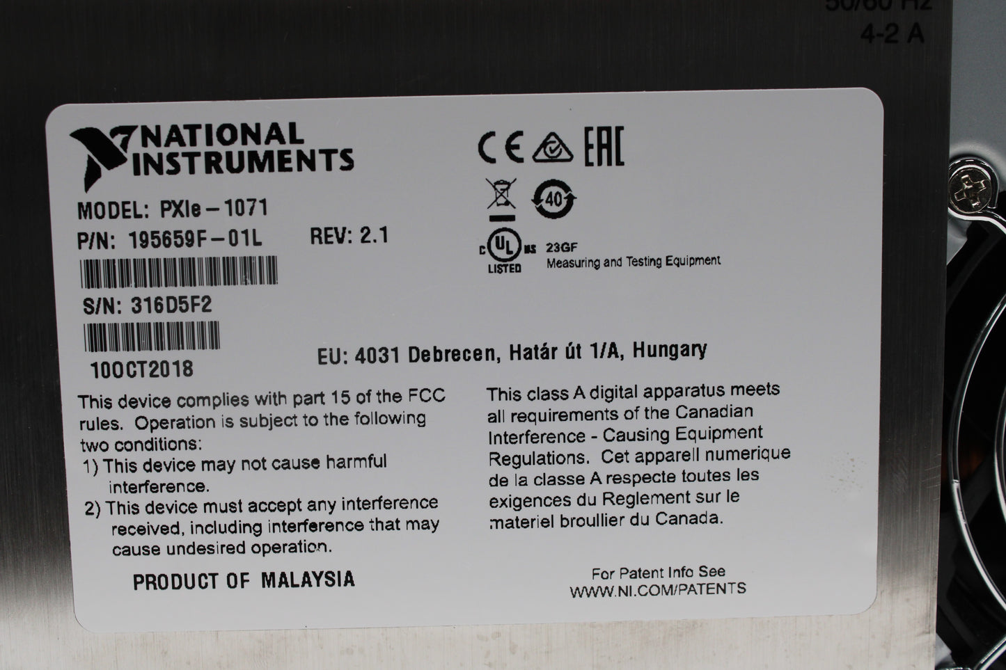 National Instruments NI PXIe-1071 Main Frame Chassis 195659F-01L and P ...