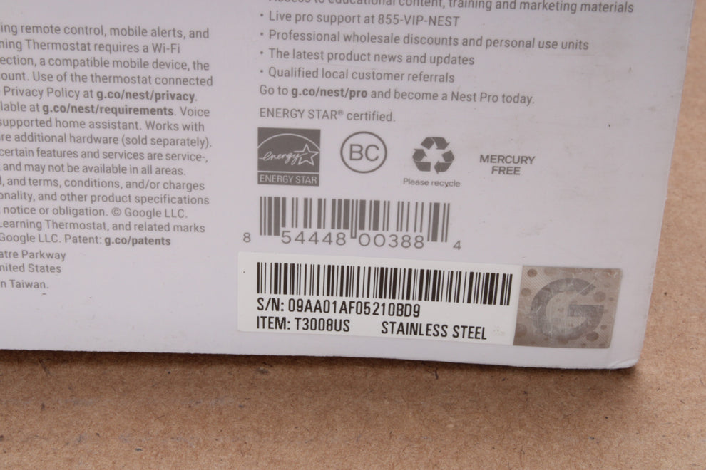 Google Nest A0013 3rd Gen Learning Thermostat Nest Pro Edition T3008US ...