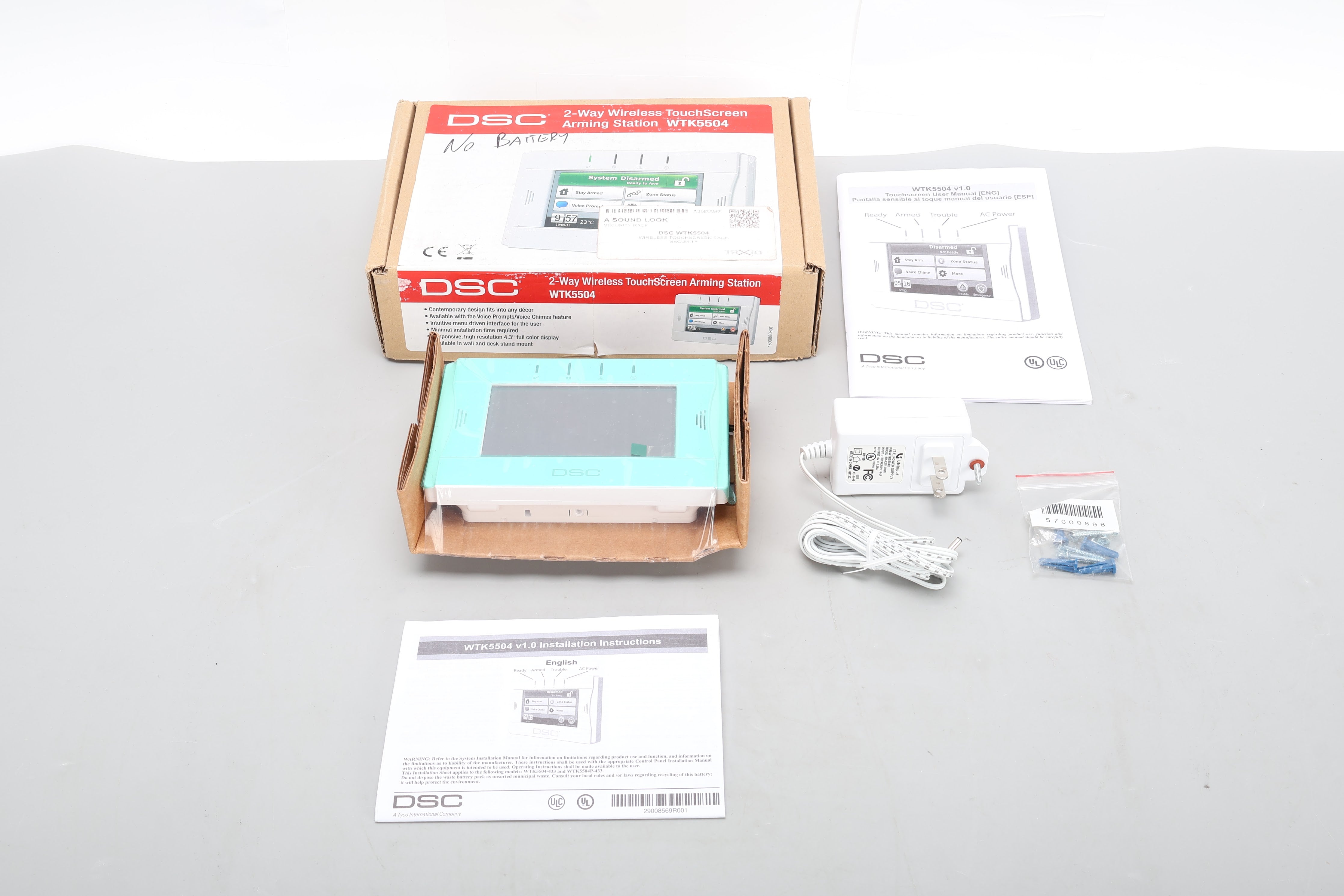 DSC WTK5504 2-Way Wireless TouchScreen Arming Station WT5504-433 W/ Ac ...