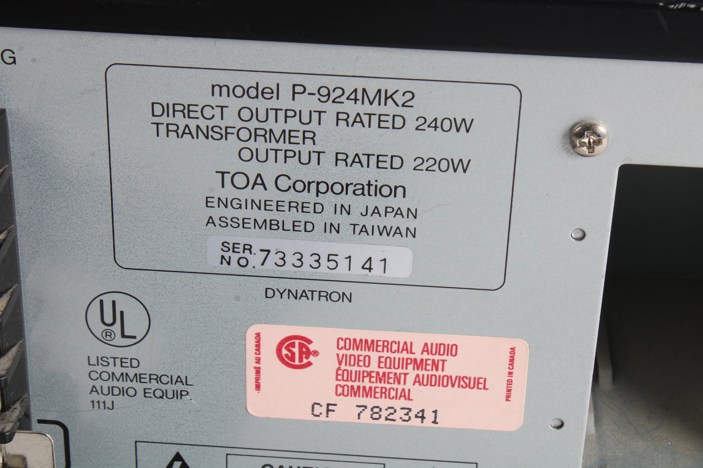 TOA P-924MK2 900 Series II 240 Watt Single-Channel Modular Amplifier ...