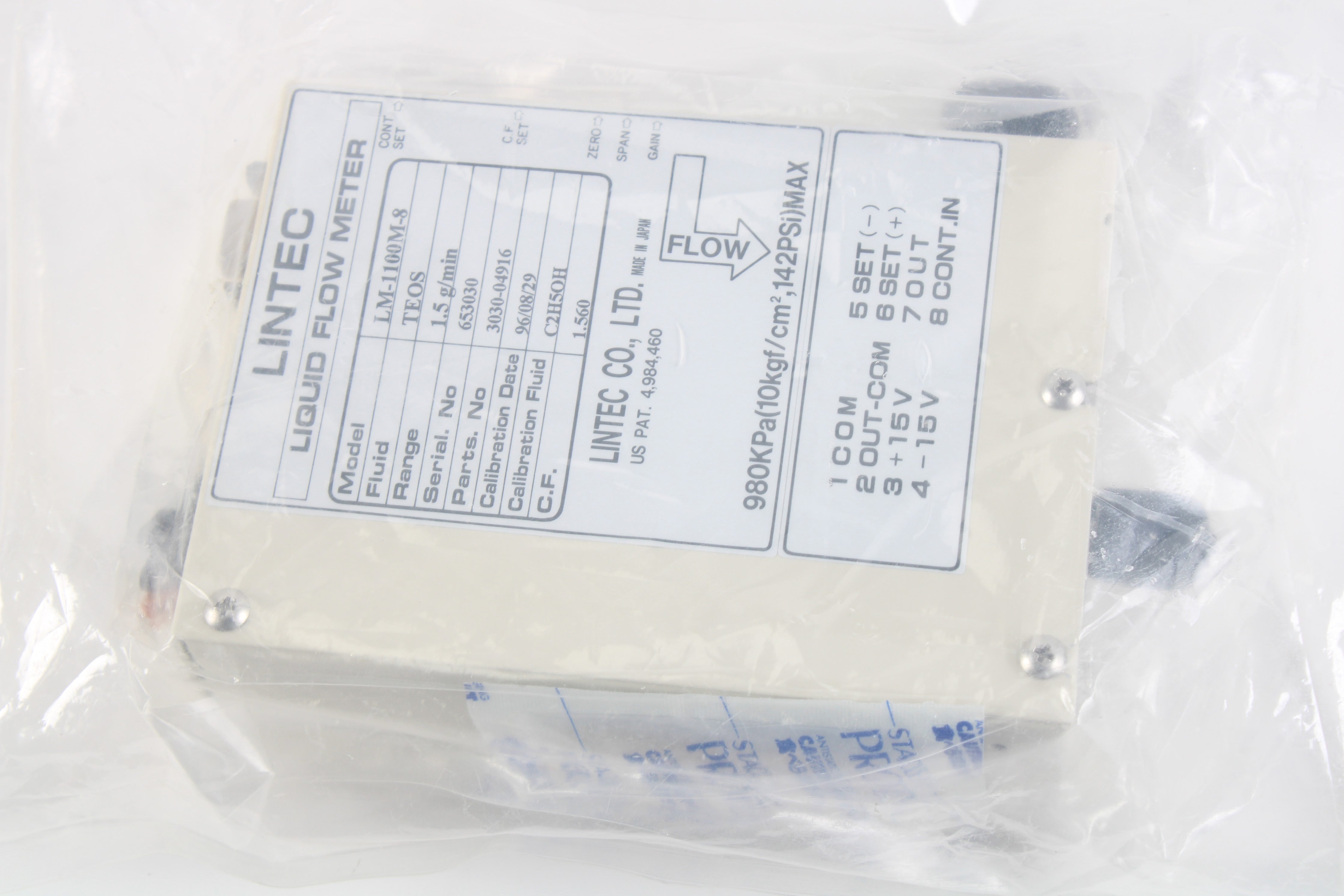 Lintec LM-1100M-8 TEOS / 1.5 g/min / Liquid Flow Meter 3030-04916 - NE – NTC Tech