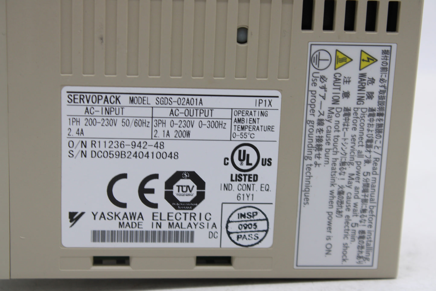 Yaskawa Electric SGDS-02A01A 1PH 200-230V Servo Drive With Connectors ...