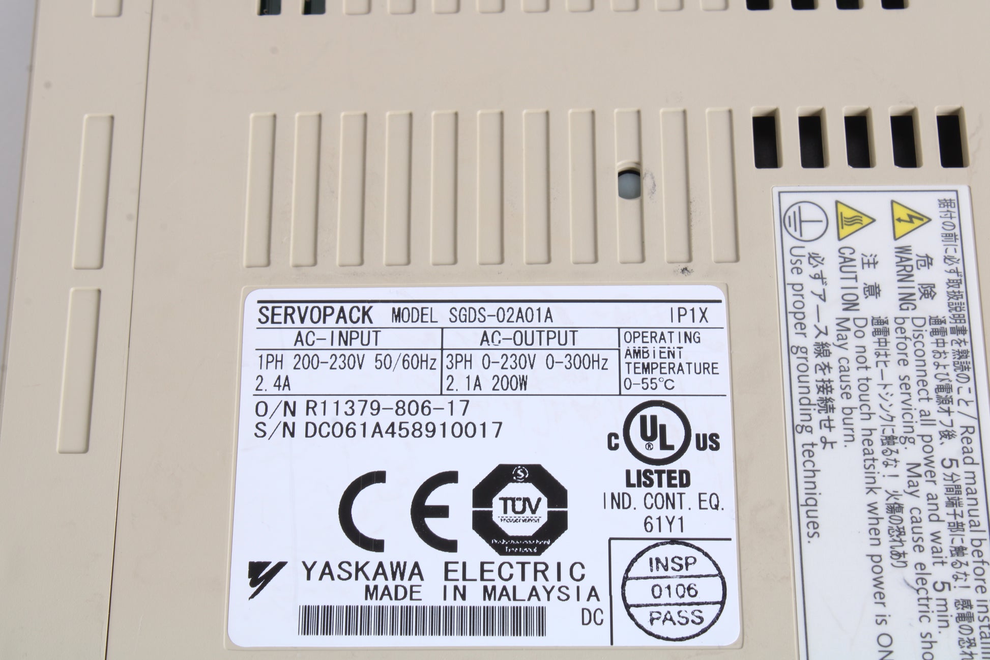 Yaskawa Electric SGDS-02A01A 1PH 200-230V Servo Drive - No Connectors ...