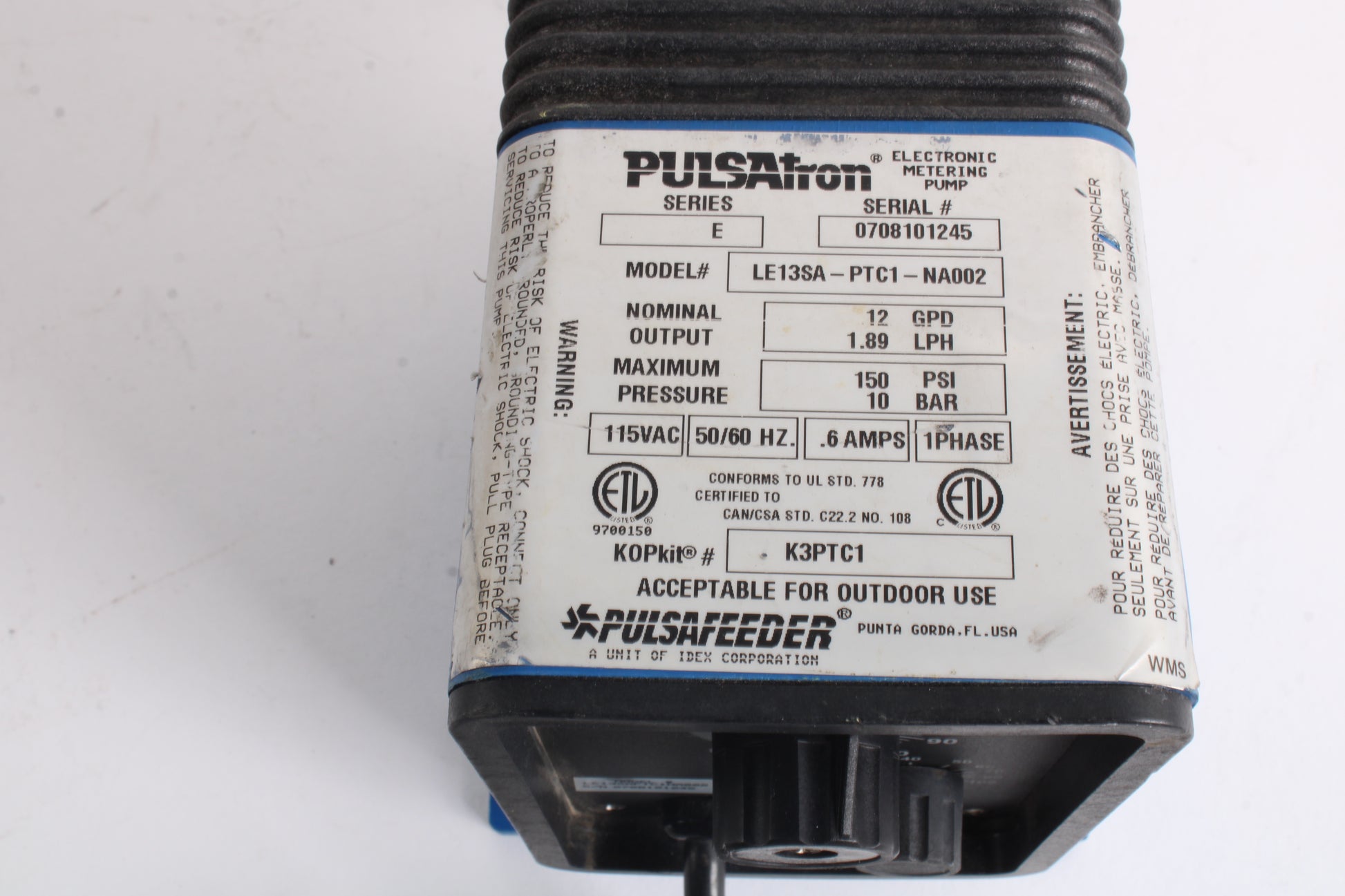 Pulsafeeder LE138A-PTC1-NA002 PULSAtron Metering Pump - Fair Condition ...