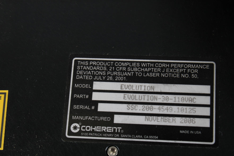 Coherent EVOLUTION-30-110VAC Nd:YLF Laser System W/ Power Supply 100-2 ...