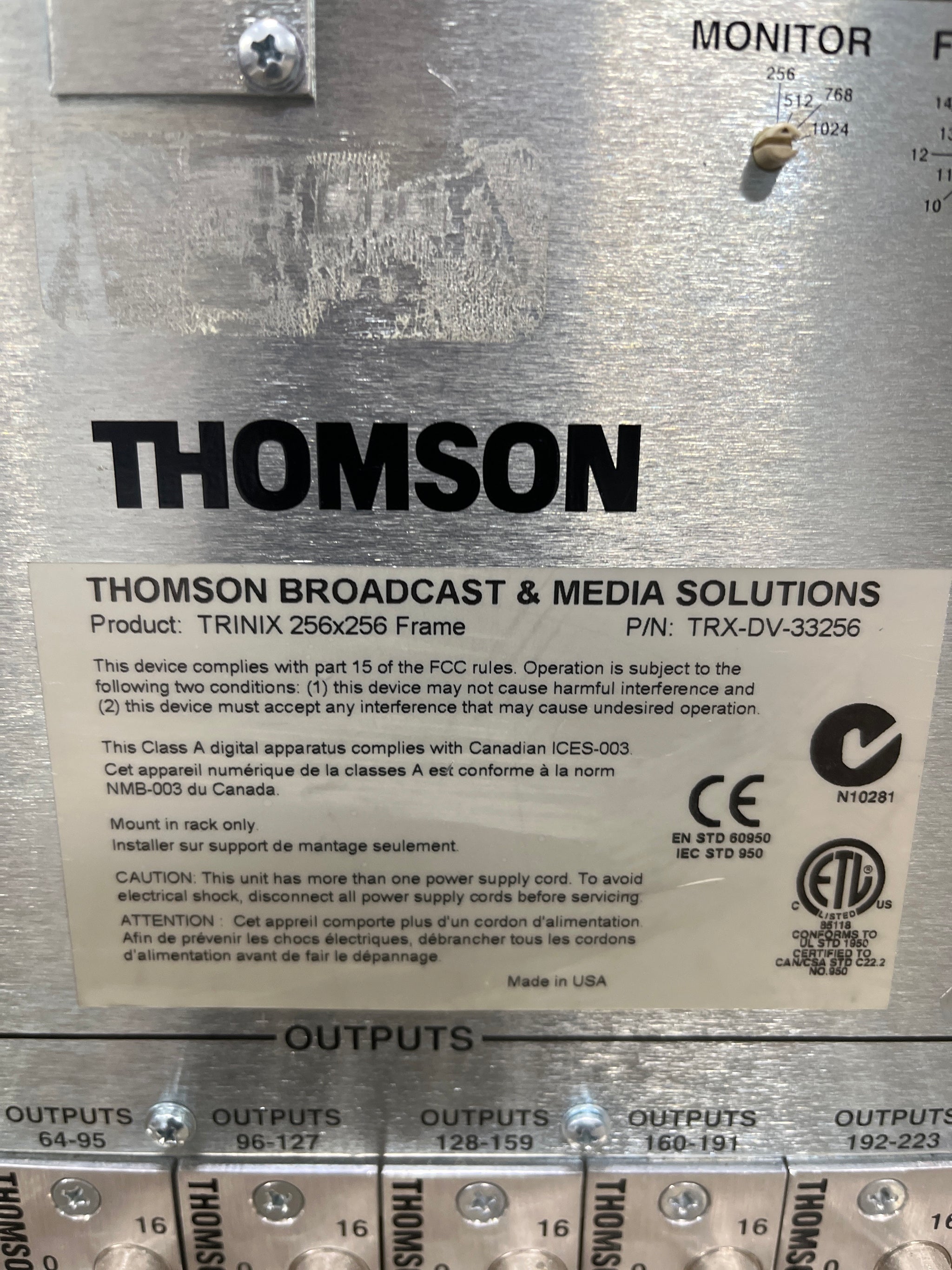 Grass Valley / Thomson RF-33200 Trinix 256x256 Router Frame Chassis ...