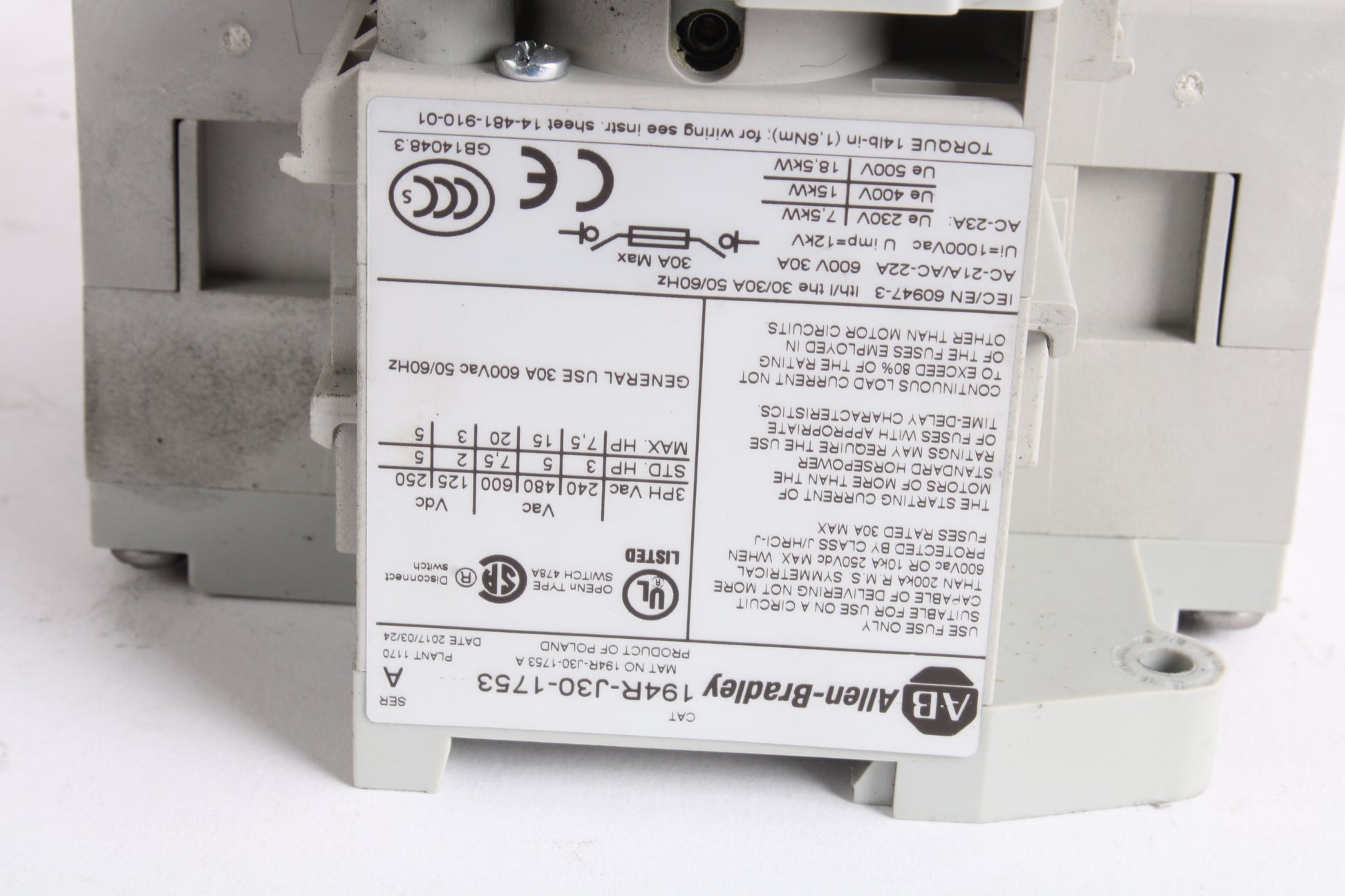 Allen-Bradley 194R-J30-1753 Disconnect Switch With 194R-N1 Top Switch ...