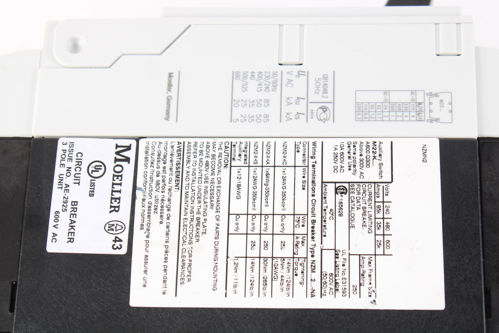 Moeller NZM 2 Circuit Breaker 600 VAC 3 Pole 125A – NTC Tech