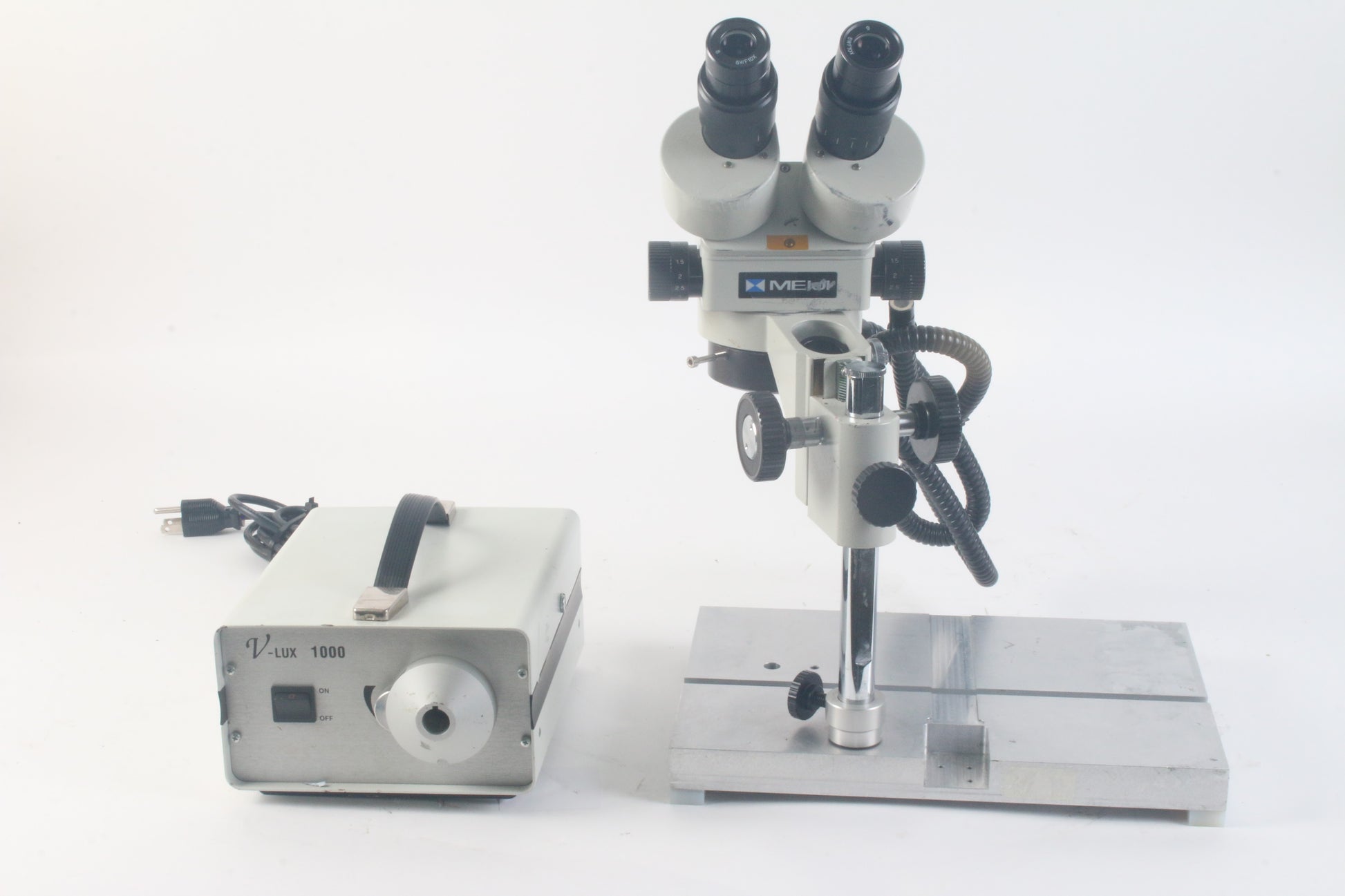 Meiji EMZ Dual Microscope W/ Stand , V-Lux 1000 Light Source Illuminat ...